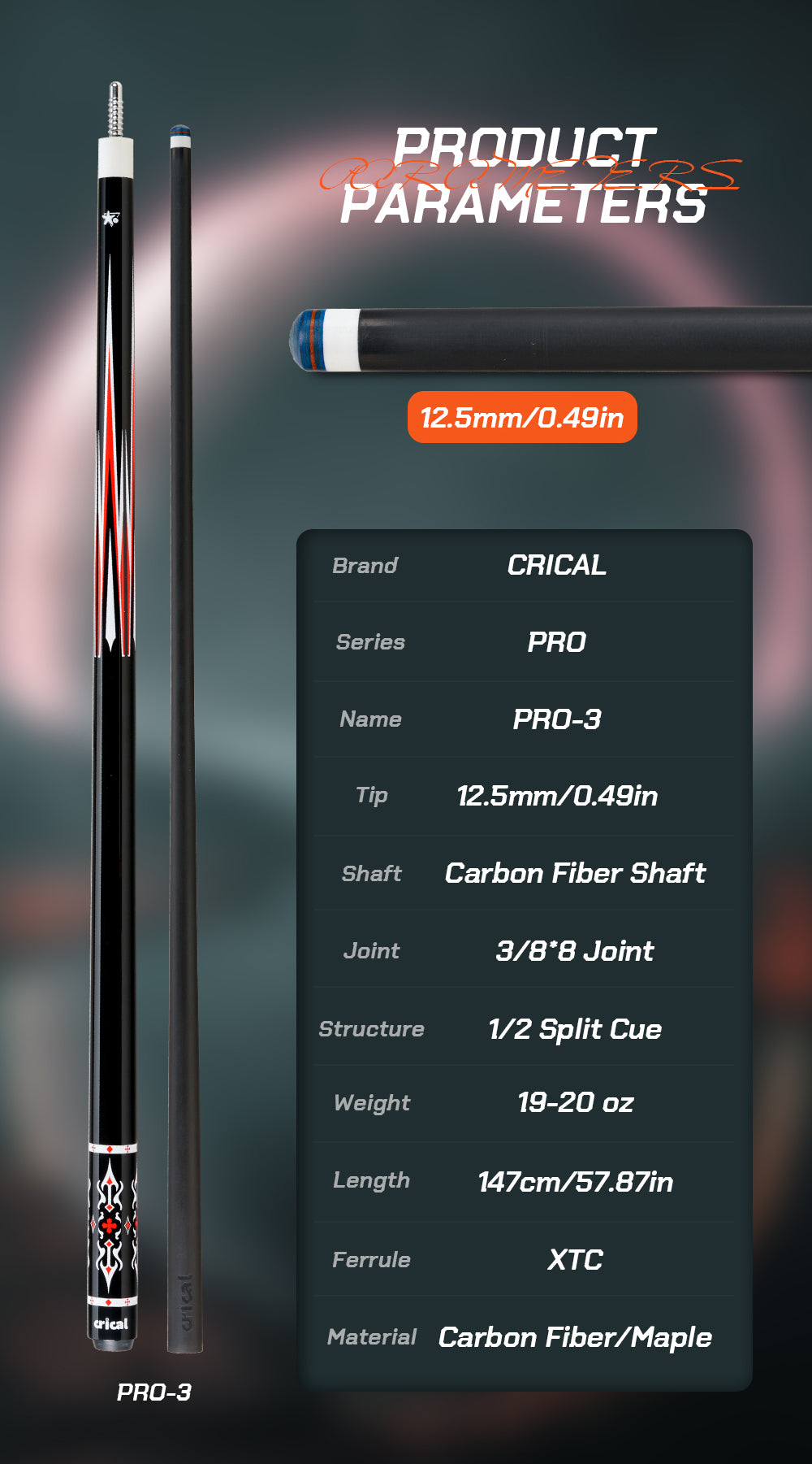 【CRICAL】PRO-3 Carbon Fiber Pool Cue Stick with 12.5mm Tip Low Deflecti