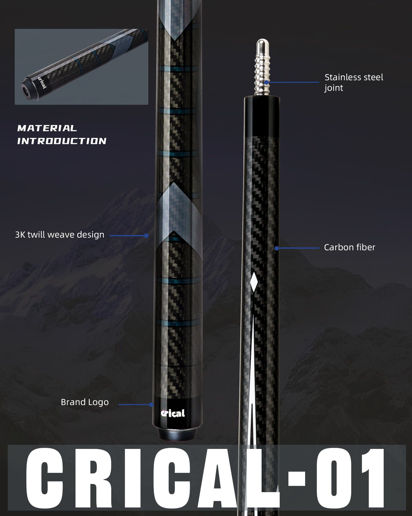 【Crical】CL-01 Carbon Fiber Pool Cue Stick with 12.5mm Tip Low Deflecti ...